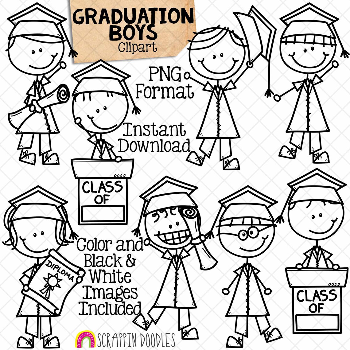 Graduation Clipart Doodle Boys Graduating School Clipart Diploma Class ...