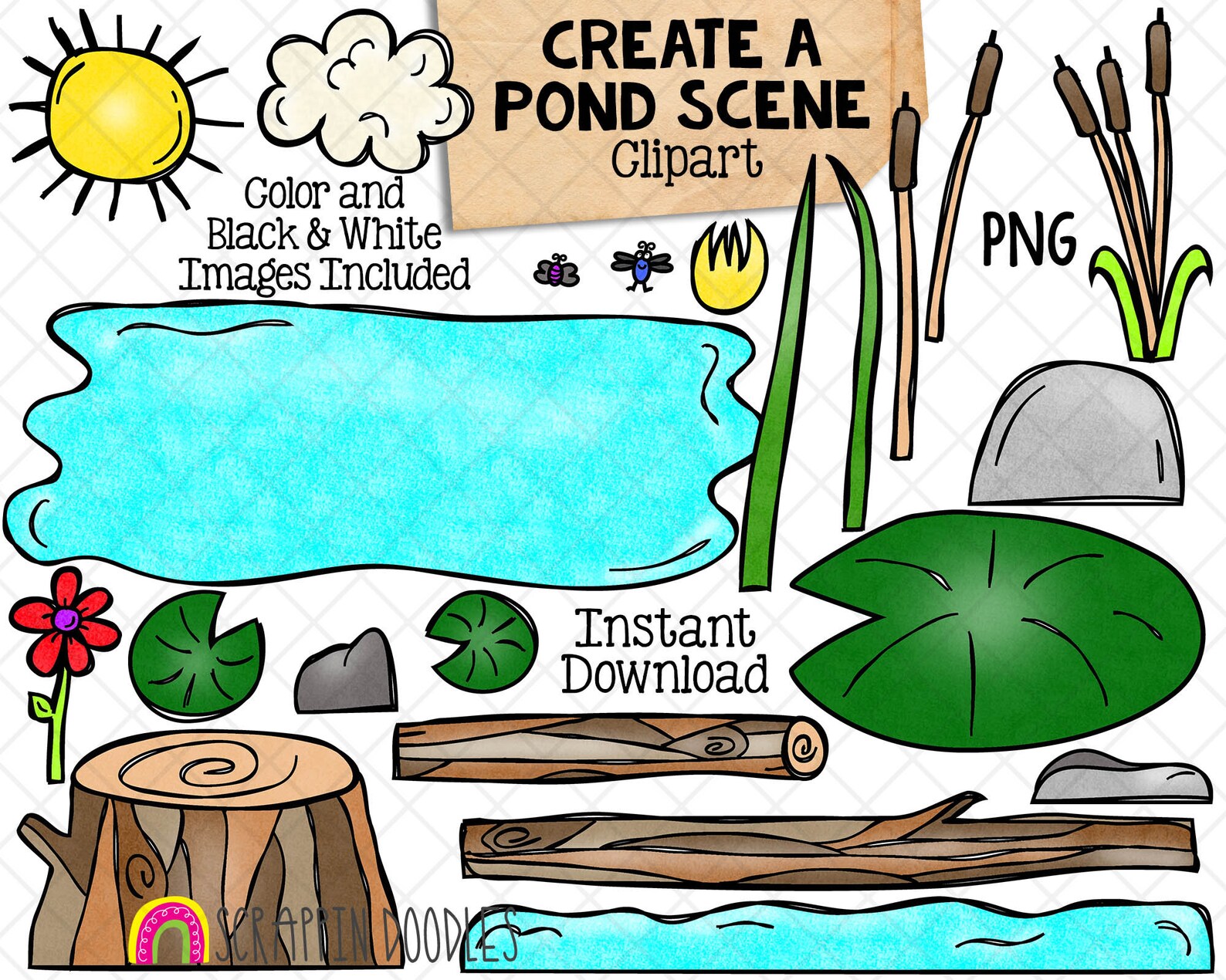 Pond Scene Creator Clip Art Cattails Lilly Pads Bulrush - Etsy