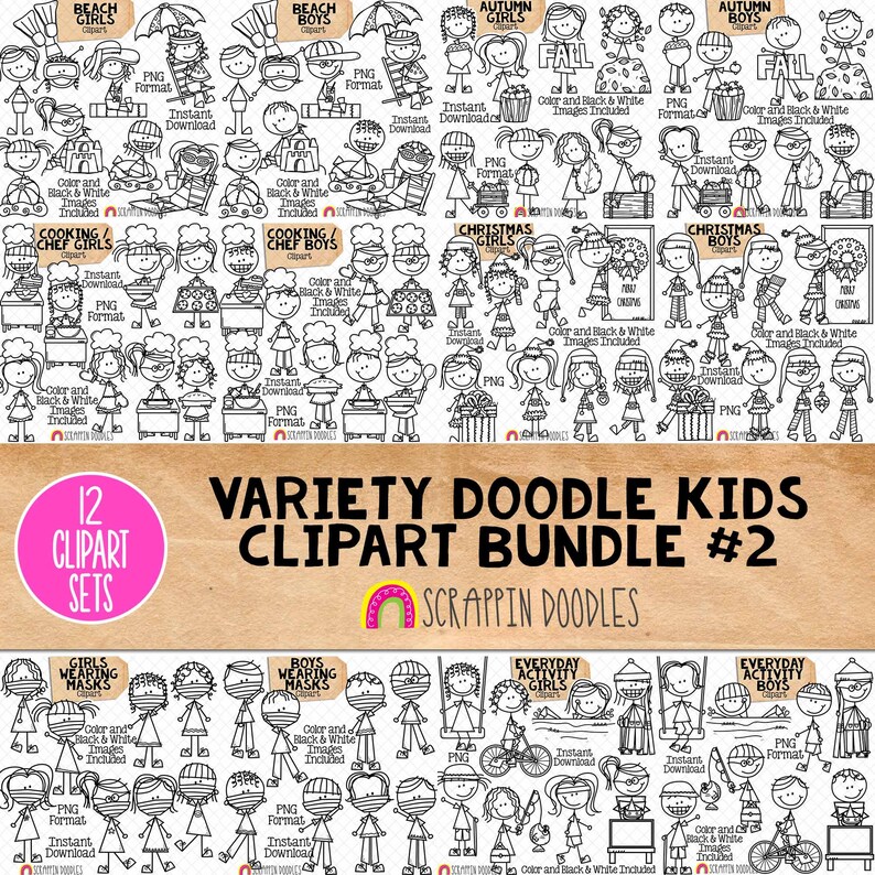 Doodle Kids Clipart Bundle 2 - Doodle Boy and Girl Bundle 2 - Christmas ...