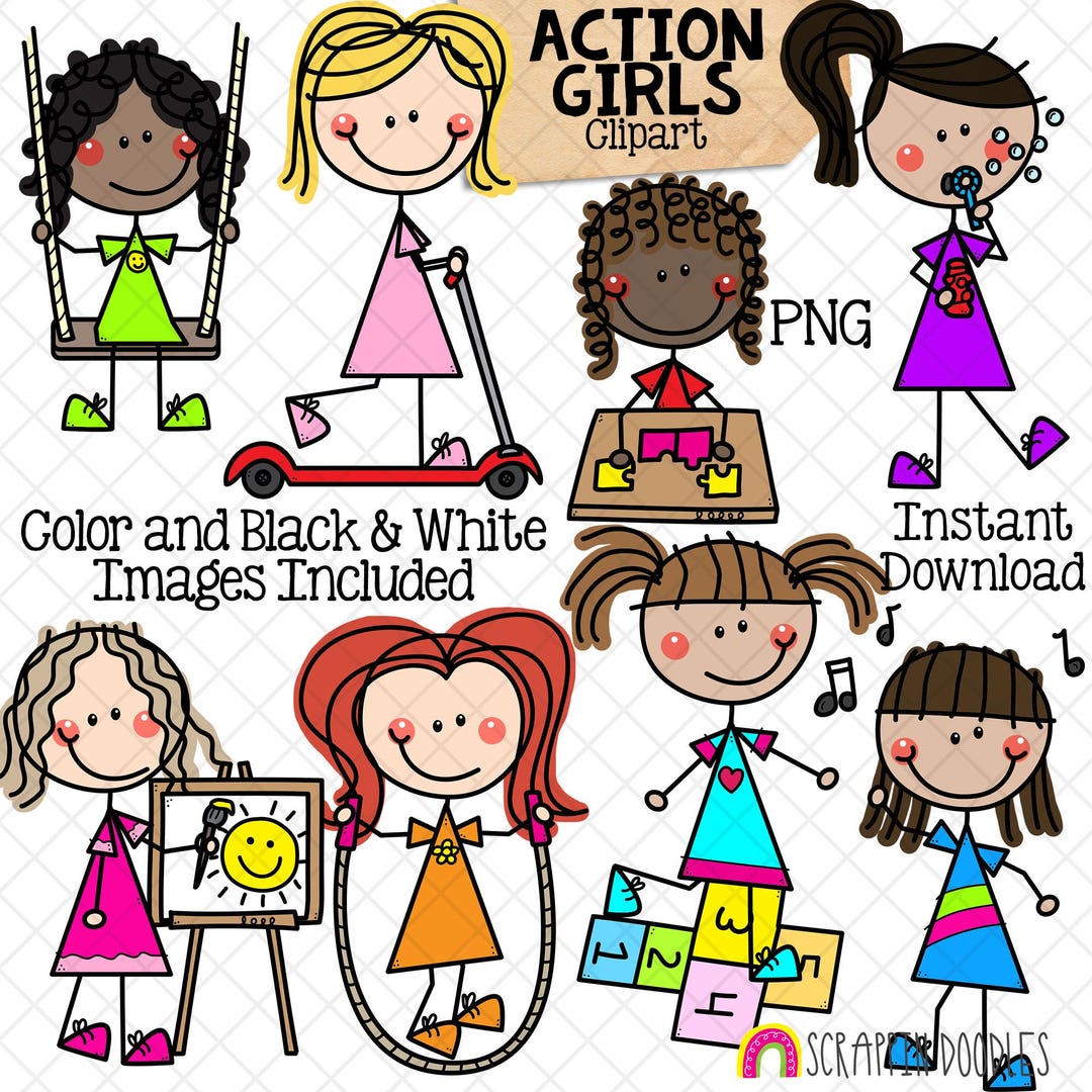 Action Clipart - Doodle Girls Clip Art - Kids - Dancing - Blowing ...