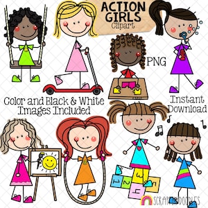 Action Clipart - Doodle Girls Clip Art - Kids - Dancing - Blowing ...