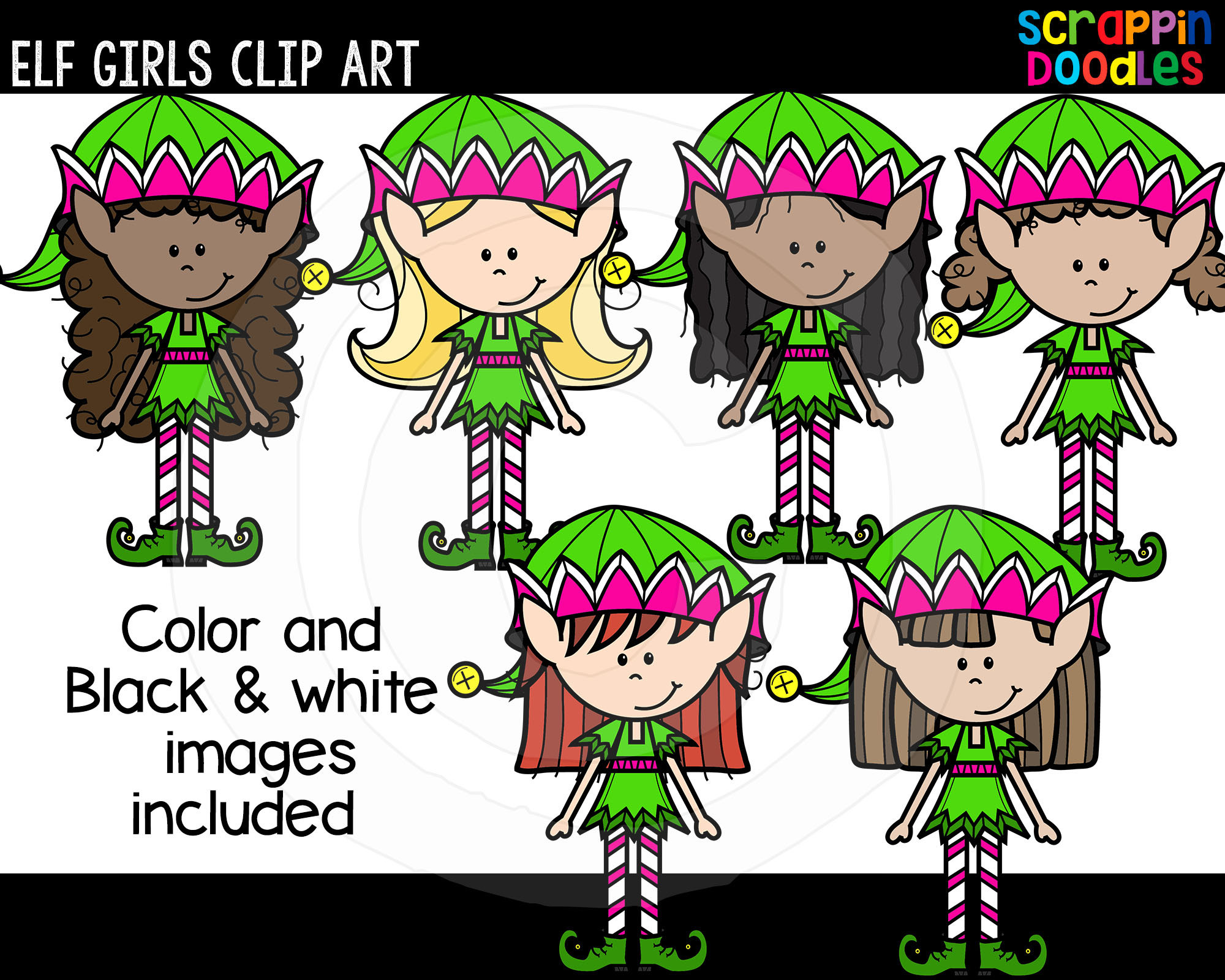 Elf Girls Clip Art - Cute Commercial Use Elf Clipart - Various Hair and ...
