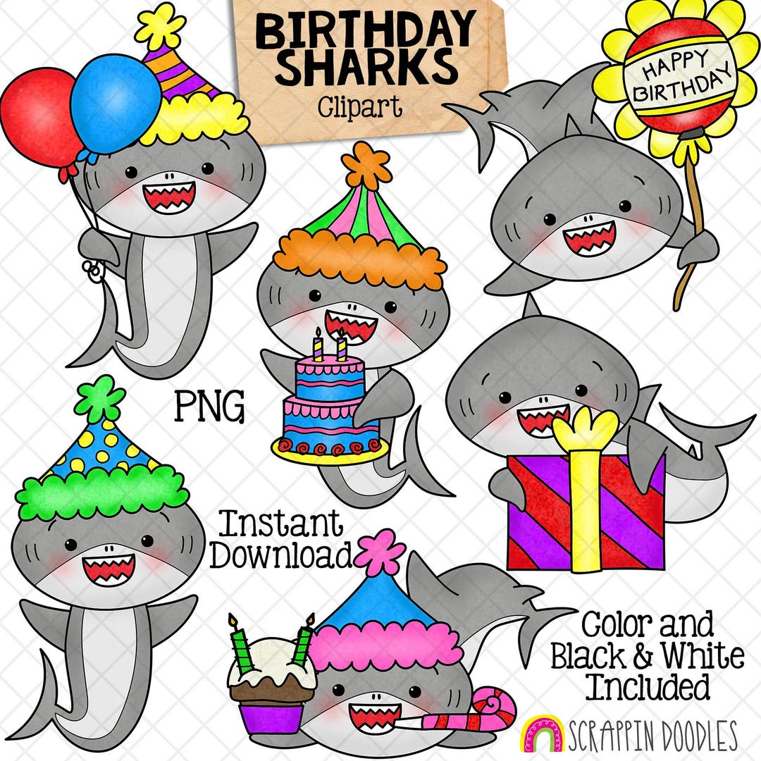 Birthday Sharks Clip Art - Grey Shark Clipart - Party - Cake - Presents ...