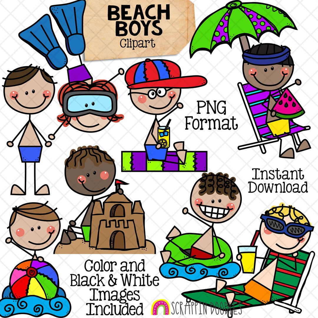 Beach Clip Art - Doodle Boys at the Beach - Kids Snorkeling - Sun ...