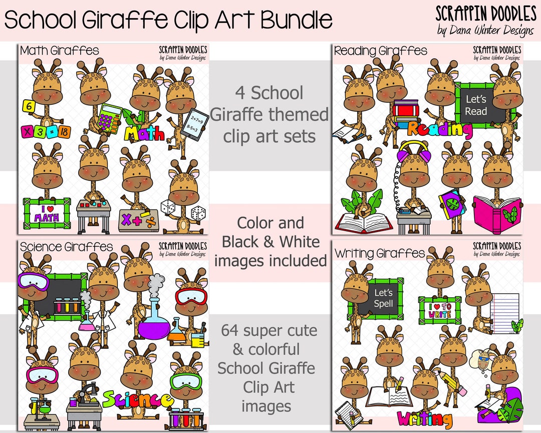 School Giraffes Clip Art Bundle - Cute Commercial Use Giraffe Clipart ...