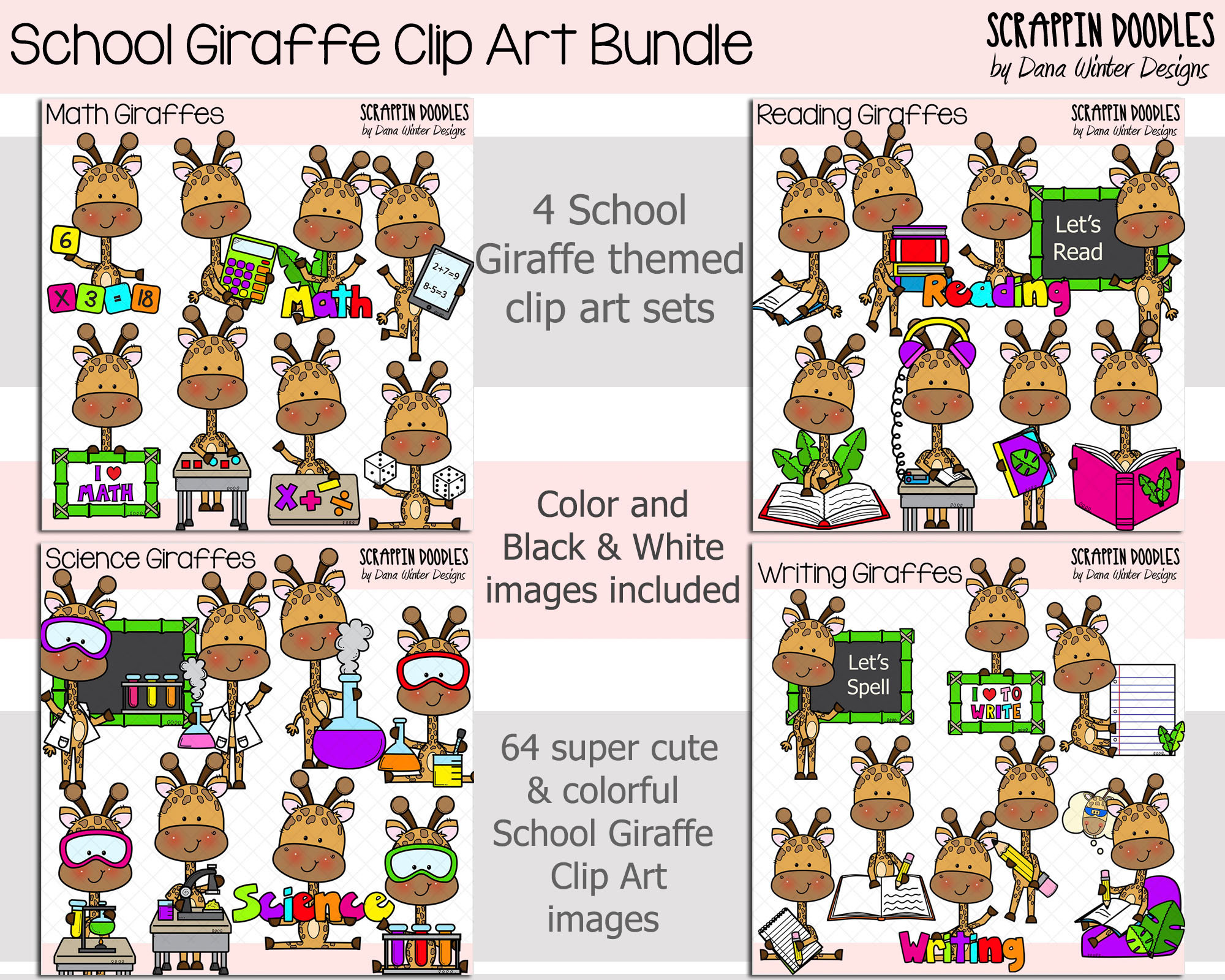 School Giraffes Clip Art Bundle Cute Commercial Use Giraffe Clipart ...