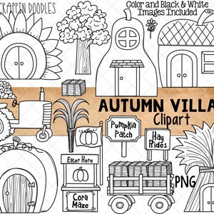 Autumn Village Clip Art - Fall Farm Town - Pumpkin House - Red Tractor ...