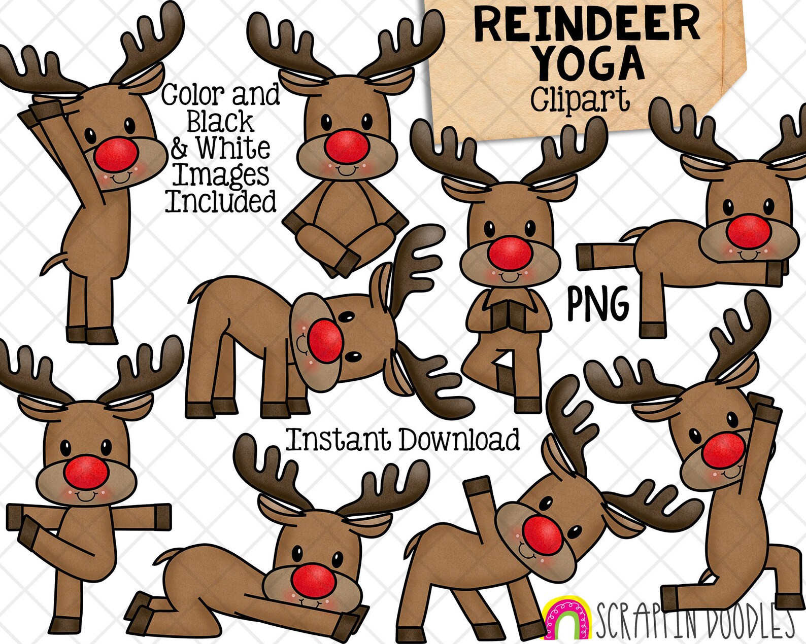 Reindeer Yoga Clip Art - Christmas Rudolph Stretching Clipart - Yoga ...