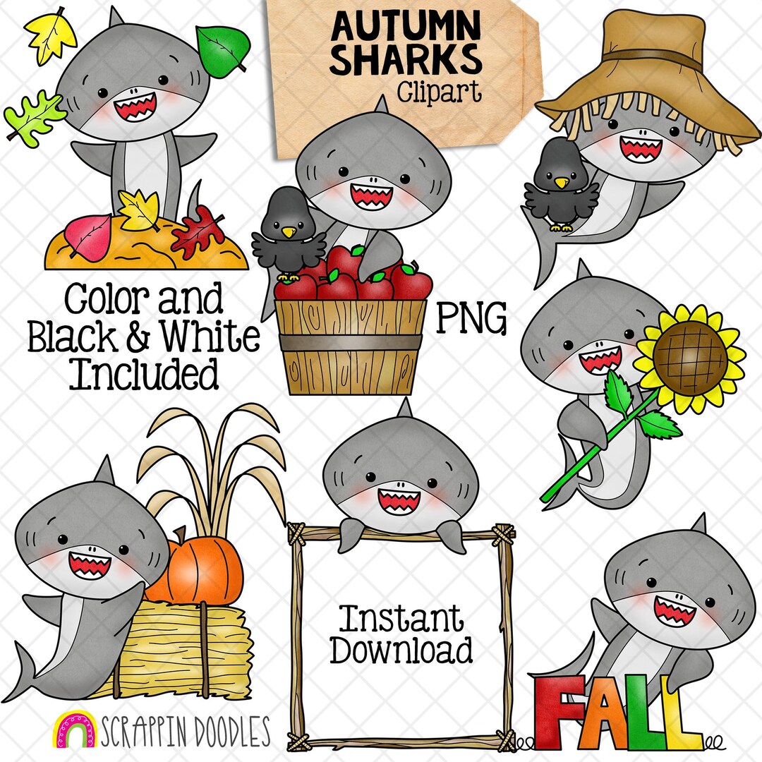 Autumn Sharks Clip Art - Grey Shark Clipart - Baby Shark - Commercial ...