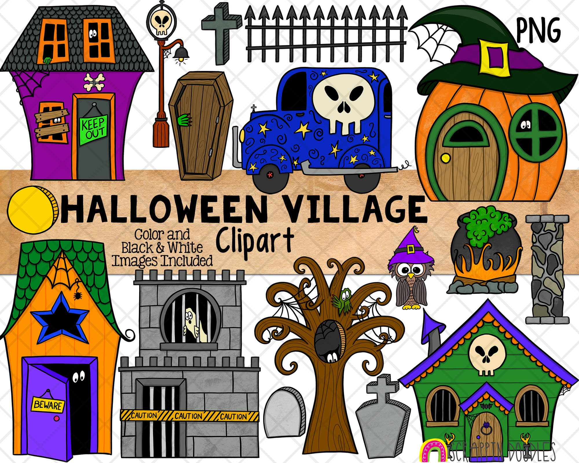 Halloween Village Clipart - Haunted House Graphics - Spooky Graveyard ...