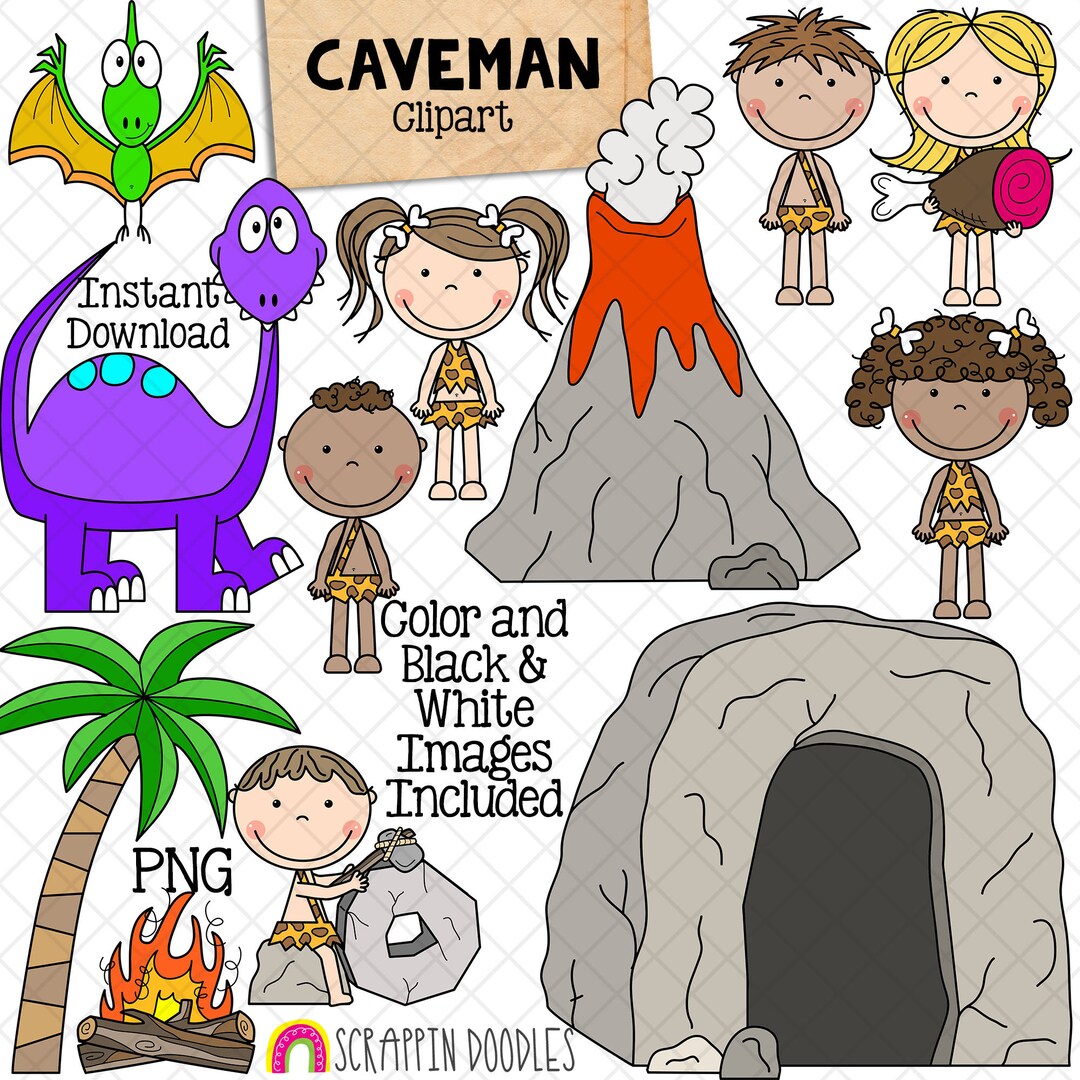 Caveman Clipart - Prehistoric - Rock Cave - Volcano - Dinosaur ...