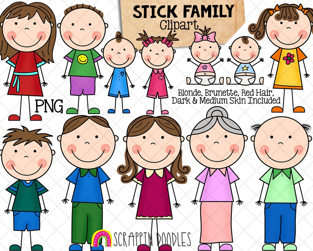 Stick Family Clip Art - Various Hair Colors - Stick Figures - Stick ...