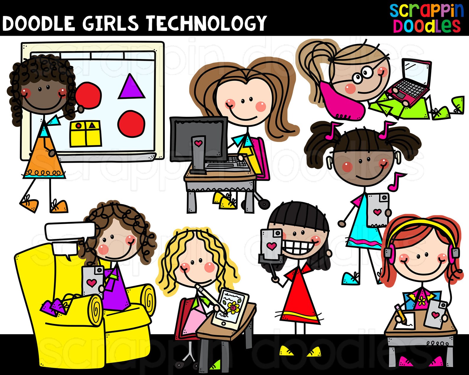 Doodle Girls Technology Clip Art Cute Commercial Use Clipart Kids Using ...