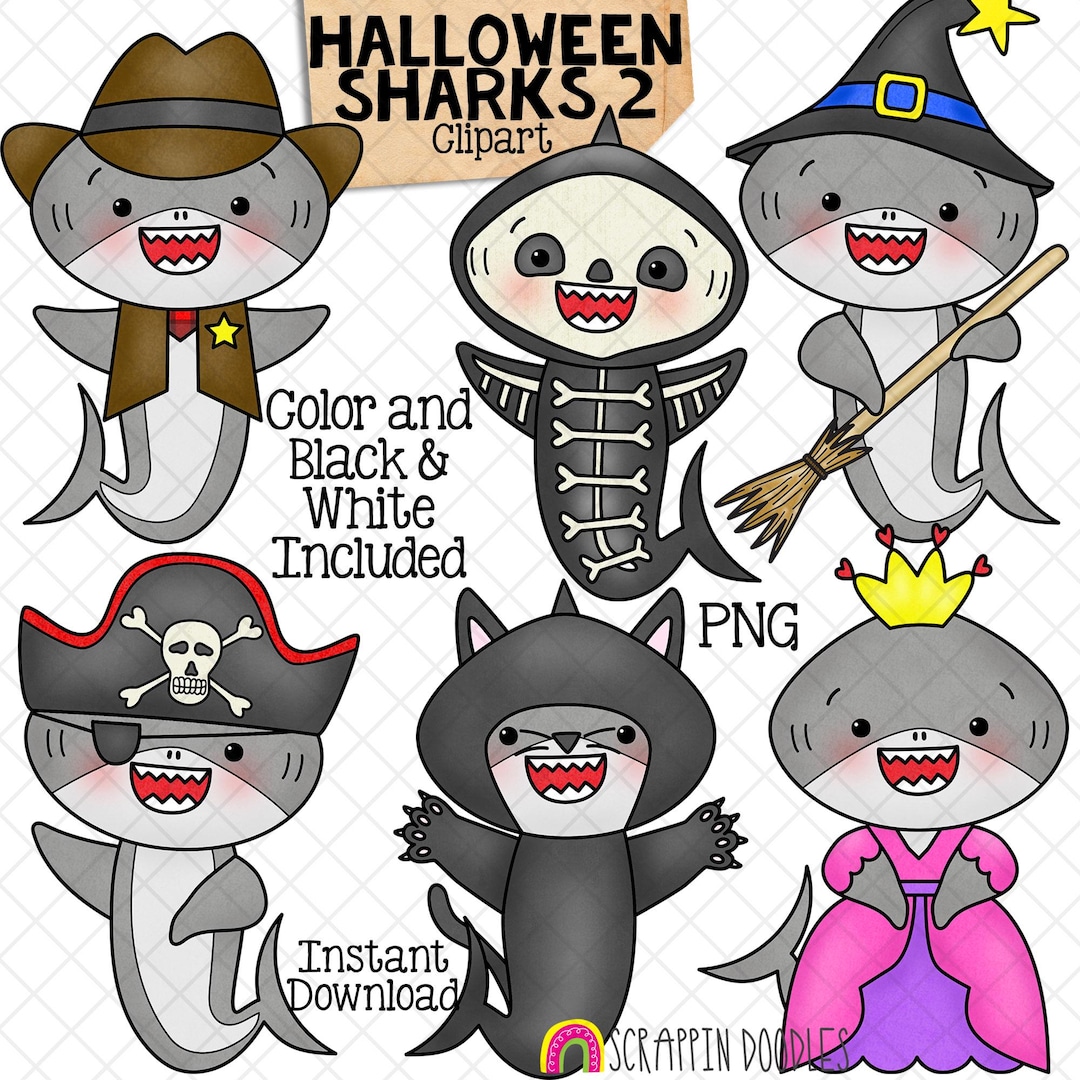 Halloween Sharks 2 Clip Art - Grey Shark Clipart - Baby Shark - Cowboy ...
