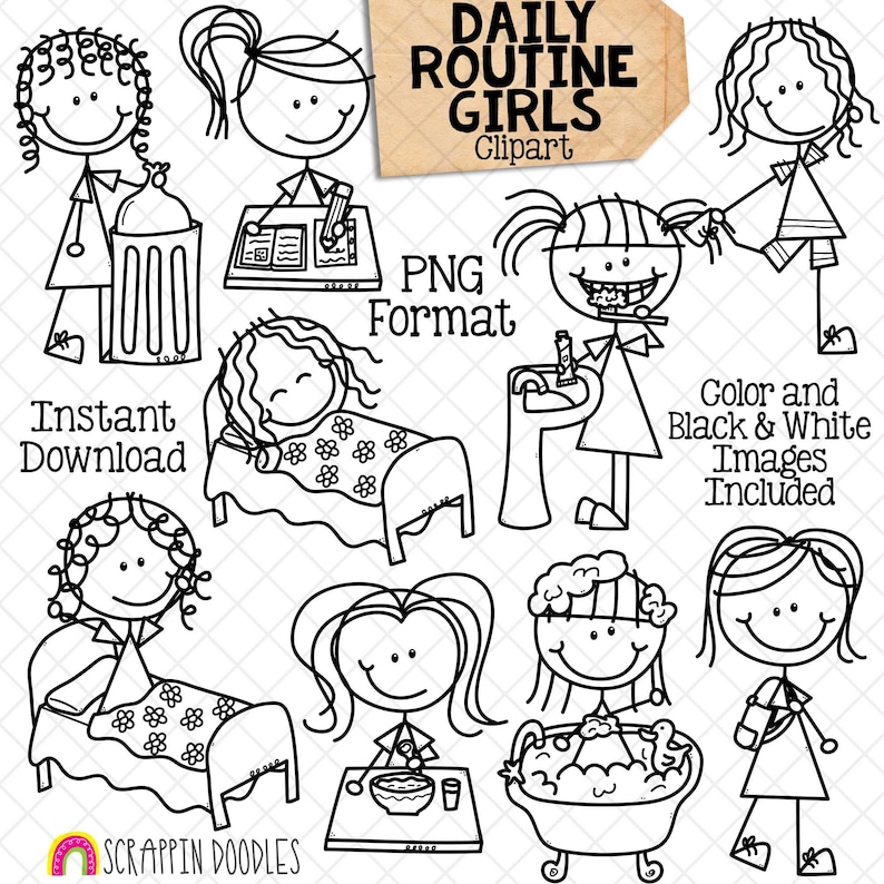 Daily Routine Clipart - Doodle Girls Clip Art - Kids - Chores ...