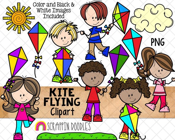 Kite Flying Clipart Kids Flying Kites Clip Art Cloud Sun | Etsy