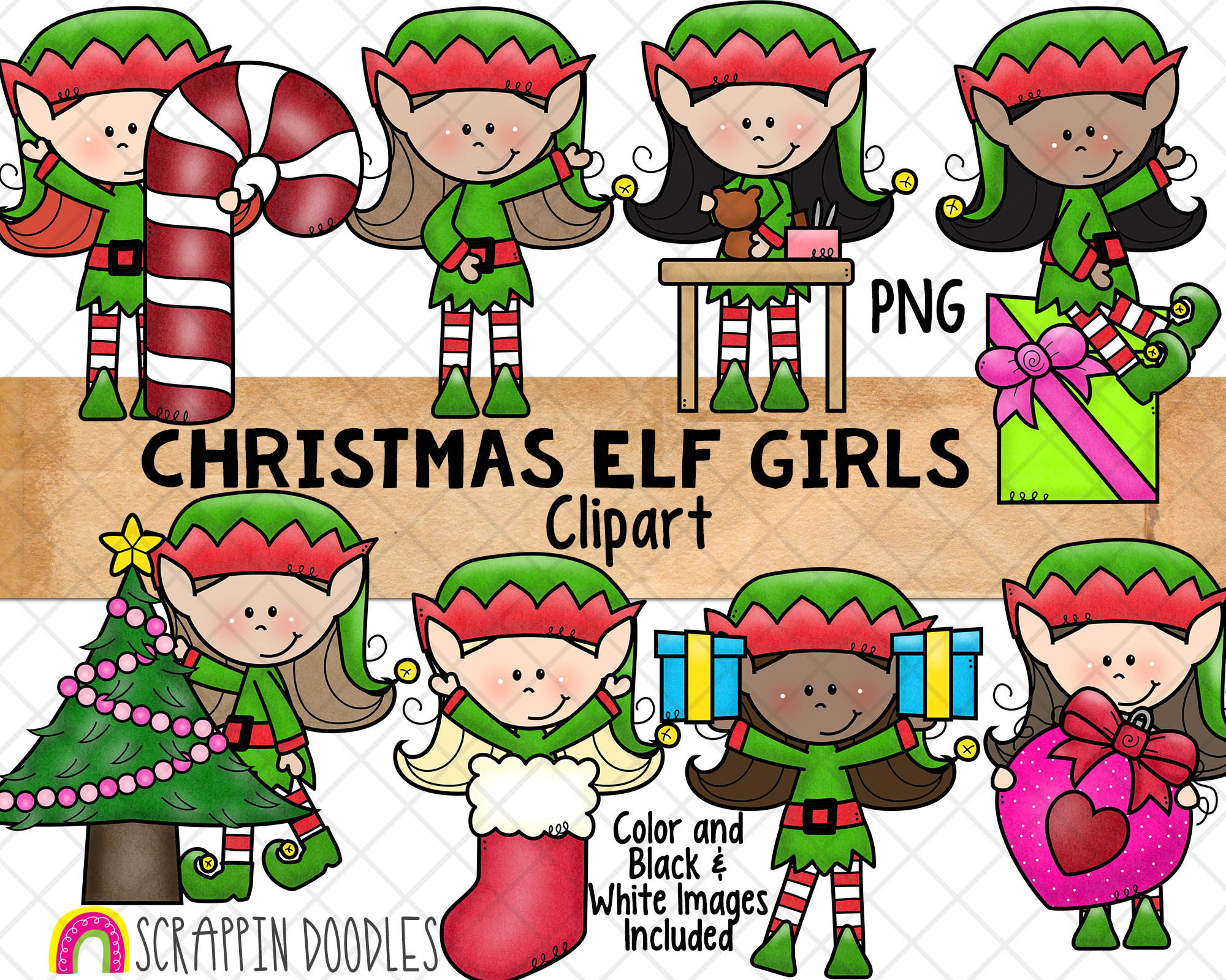 Christmas Elf Clip Art - Girl Elf Graphics - Elves - Hand Drawn PNG ...
