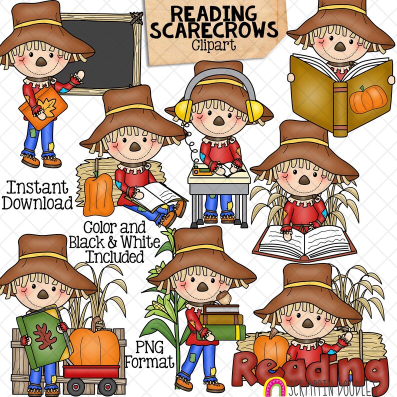 Reading Scarecrows Clip Art - School - Library - Books - Autumn - Fall ...
