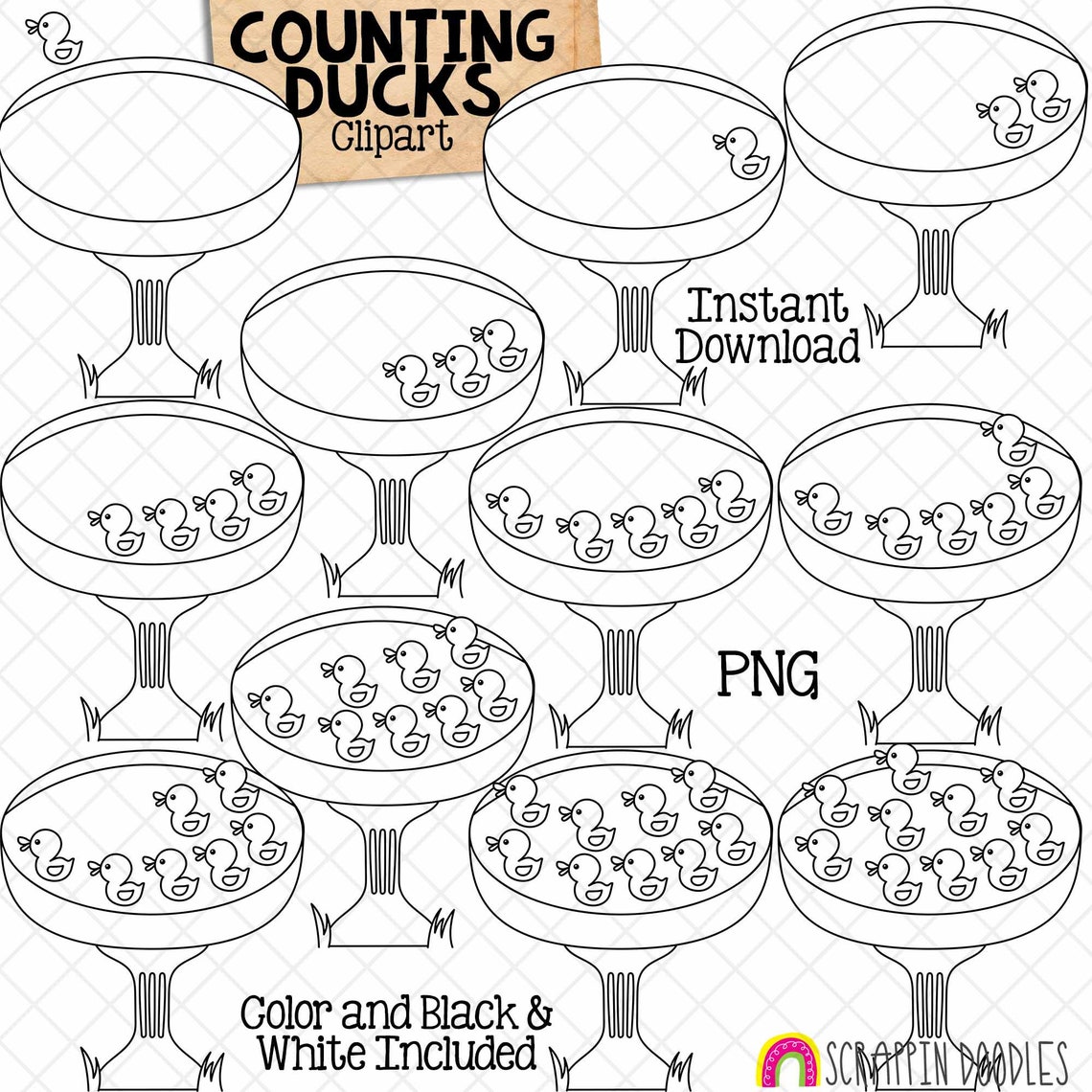 Counting Ducks in A Bird Bath Clipart - Spring Duckling Counting ...