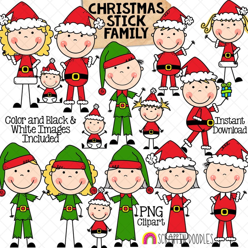 Christmas Stick Family Clip Art - Various Hair Colors - Stick Figures ...