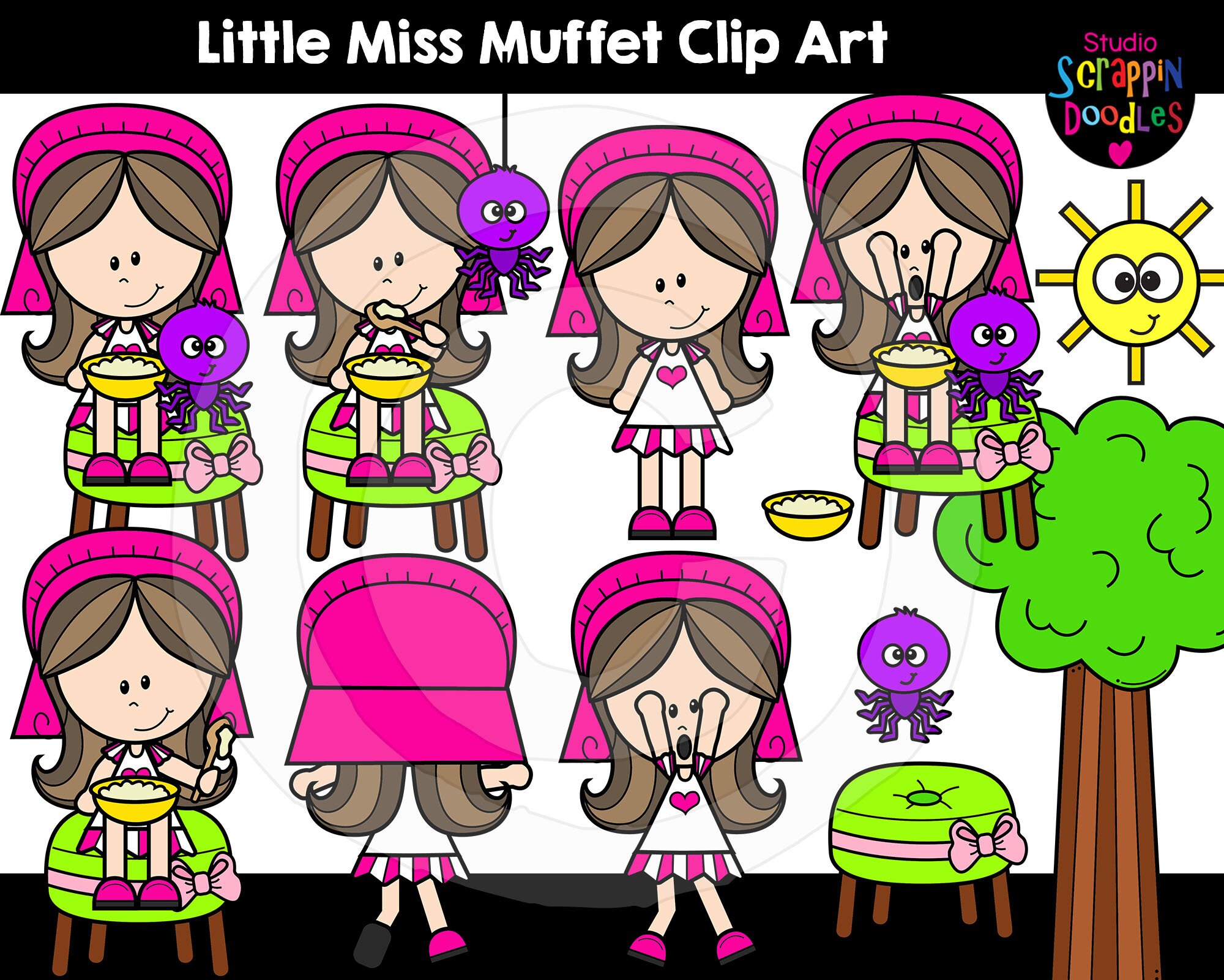 Little Miss Muffet Clip Art Cute Nursery Rhyme Graphics | Etsy