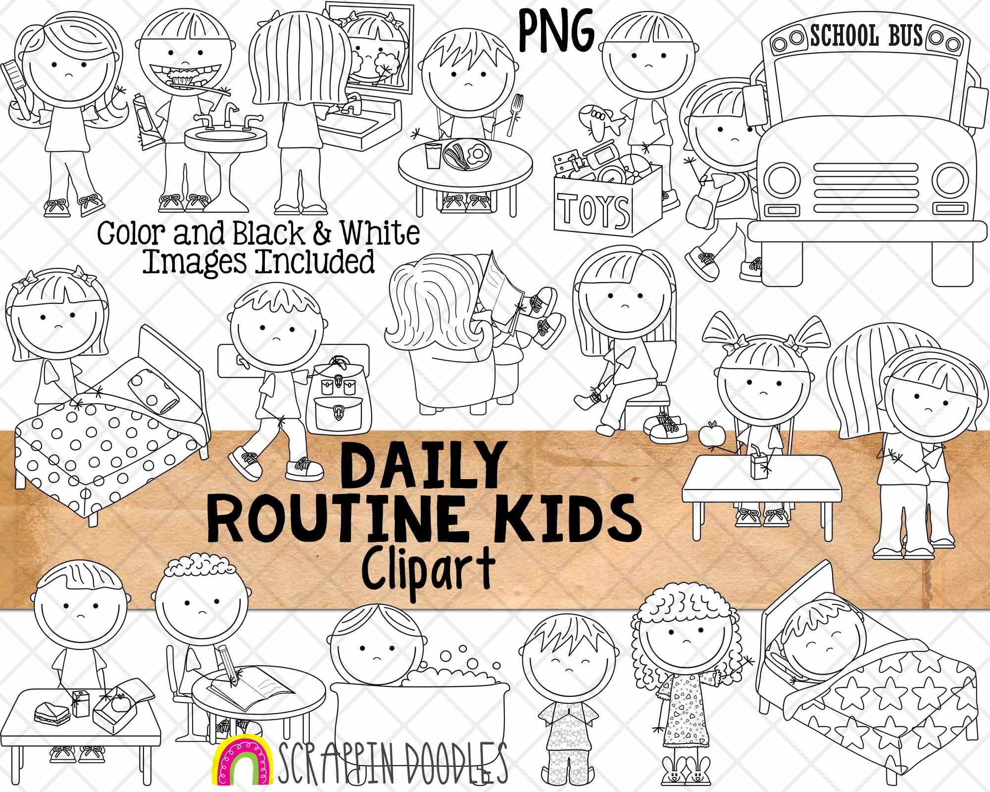 Daily Routine Kids Clipart - Kids Doing Chores Clipart - Commercial Use ...