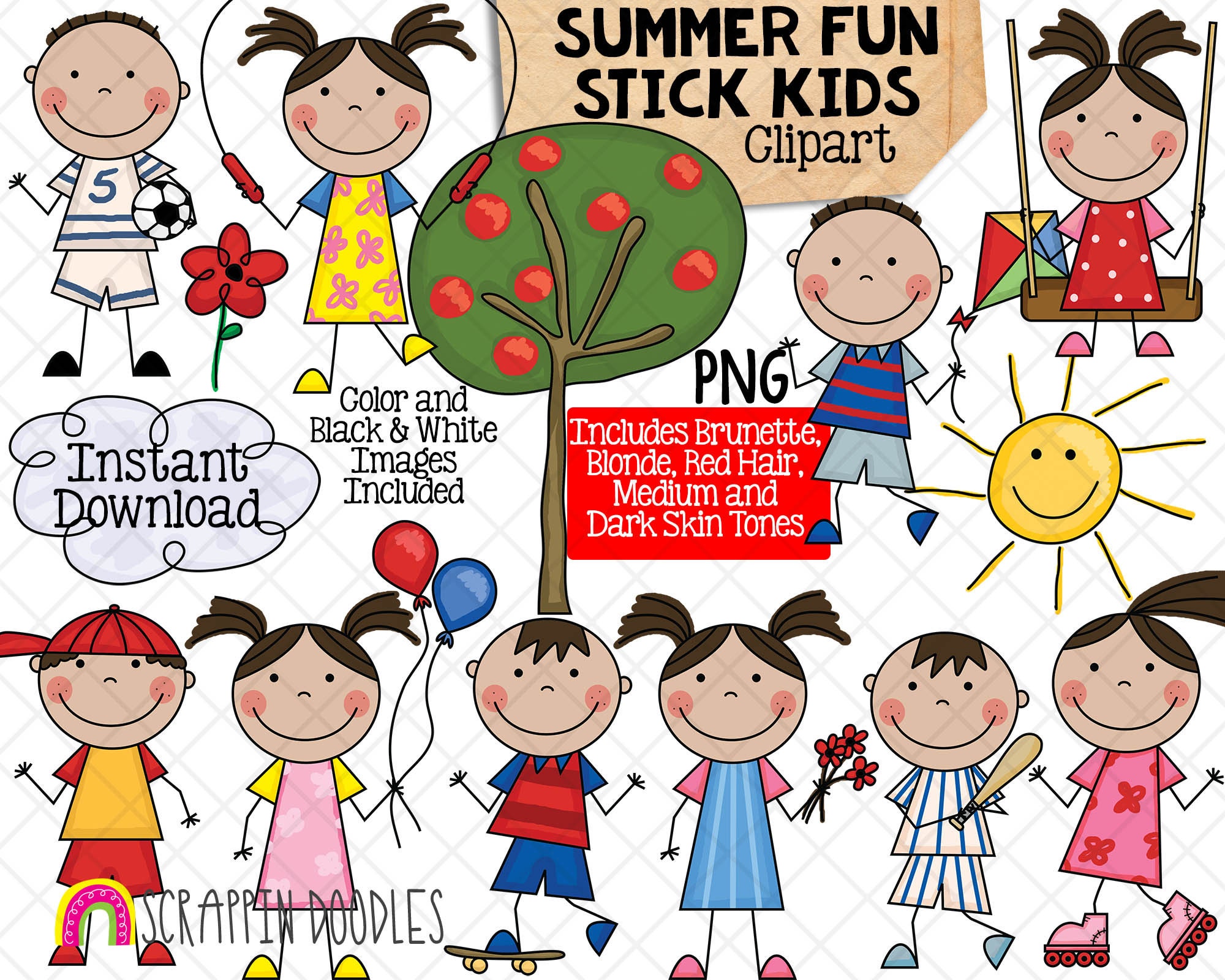 Stick Kids Summer Fun Clip Art Various Hair Colors Stick Figures Stick ...