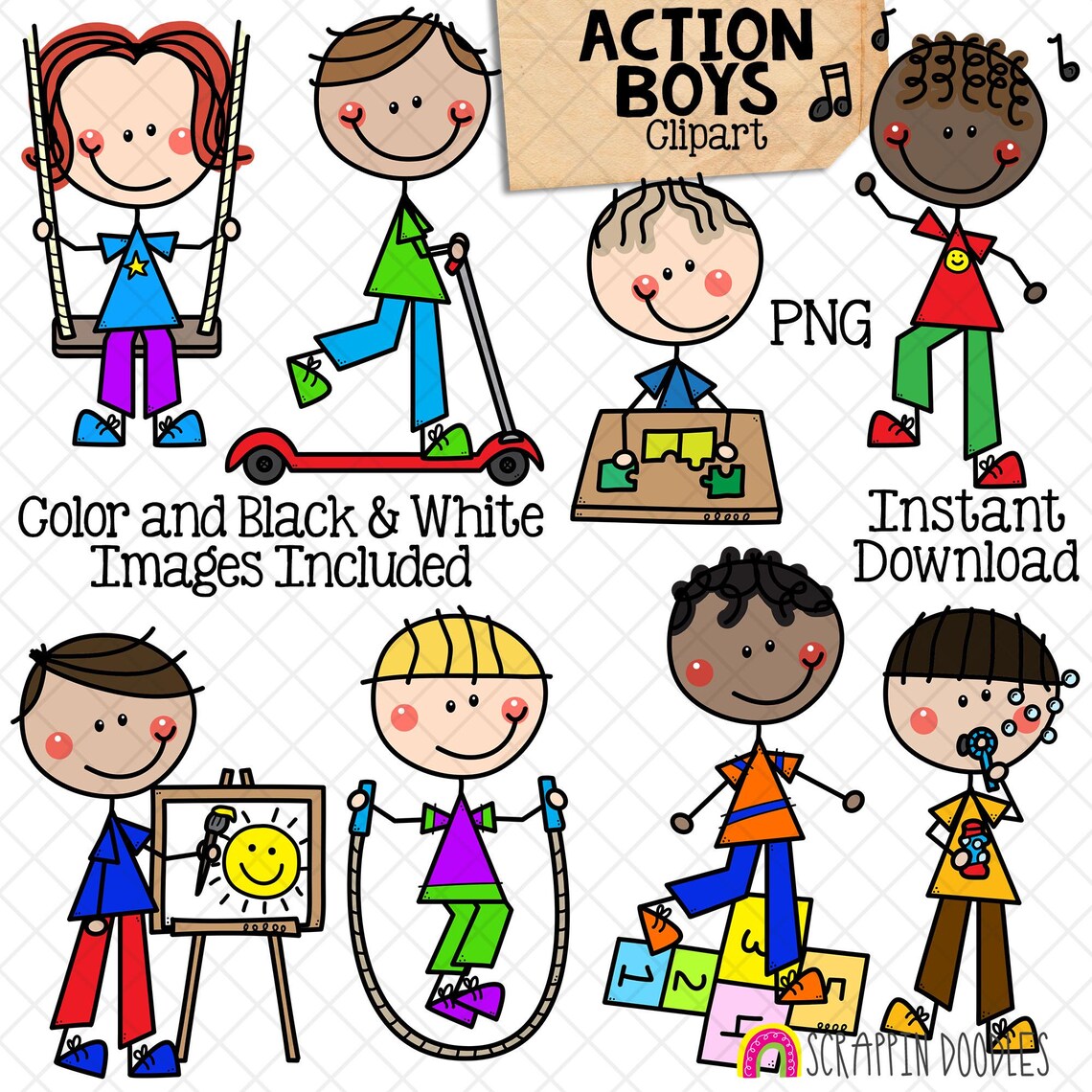 Action Clipart - Doodle Boys Clip Art - Kids - Dancing - Blowing ...