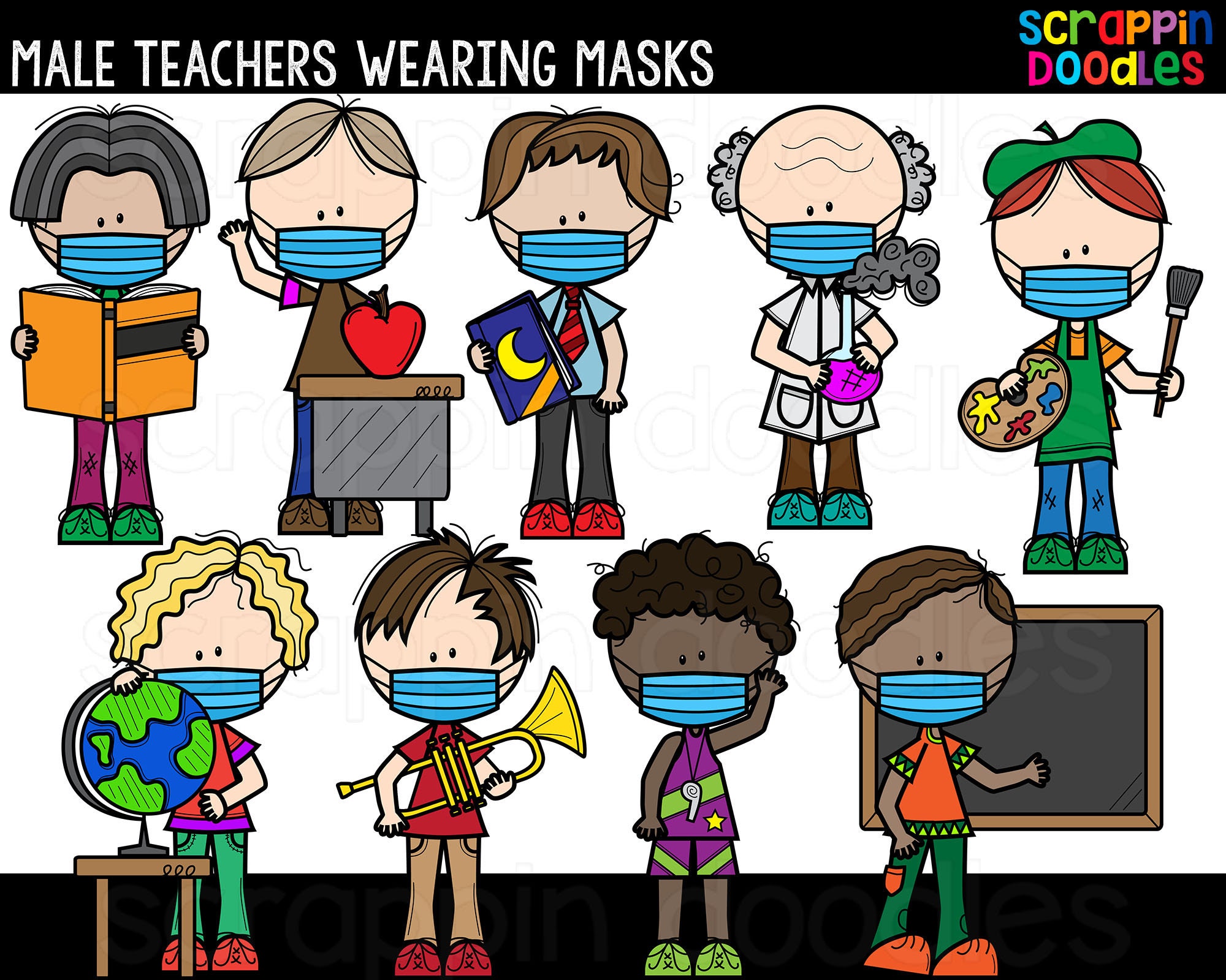 Male Teachers Wearing Masks Clip Art Cute Commercial Teacher Clipart ...