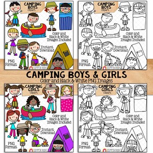Doodle Kids Clipart Bundle 4 - Doodle Boy and Girl Bundle 4 - Camping ...