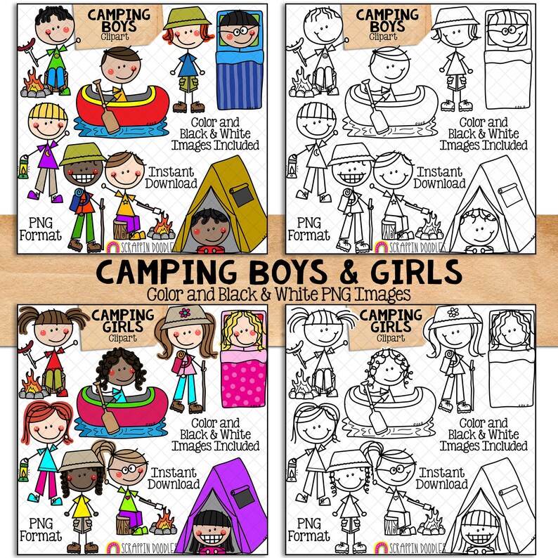 Doodle Kids Clipart Bundle 4 Doodle Boy and Girl Bundle 4 Camping ...
