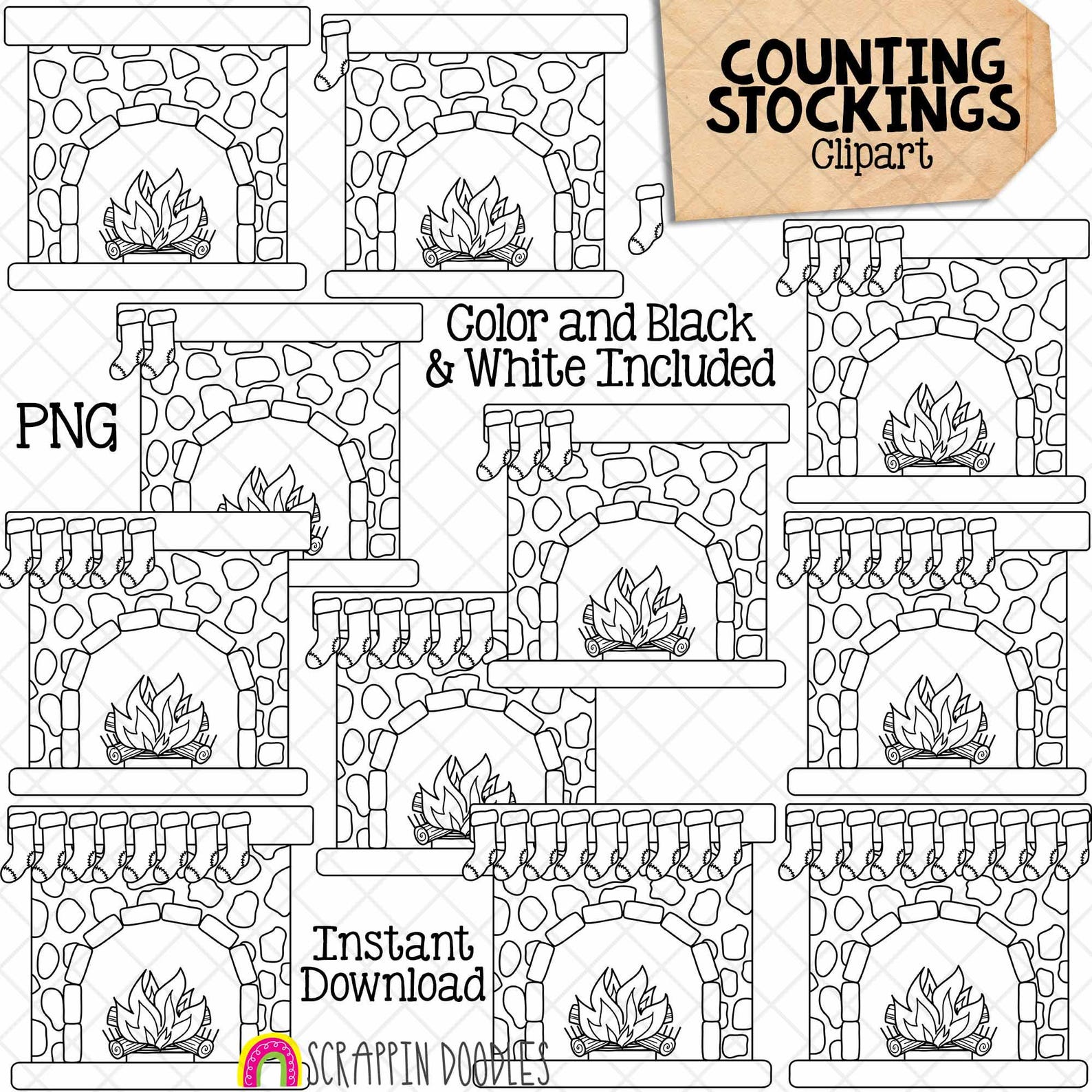 Counting Stockings Clipart - Christmas Stockings on Fireplace Mantel ...