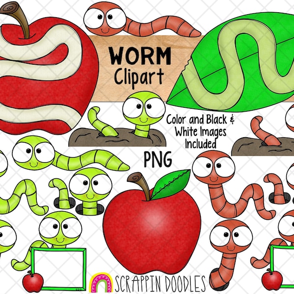 Worm and Apple Clipart - Etsy