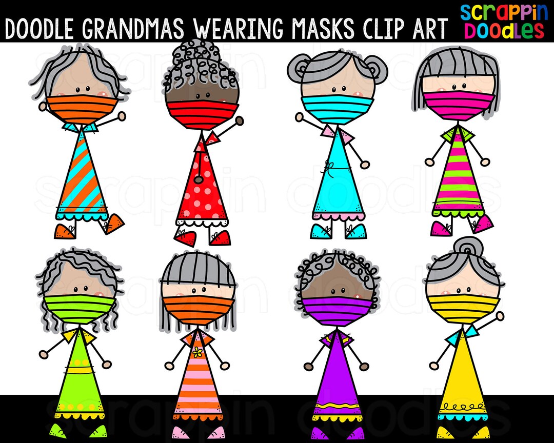 Doodle Grandmas Wearing Masks Clip Art - Cute Commercial Use Grandma ...