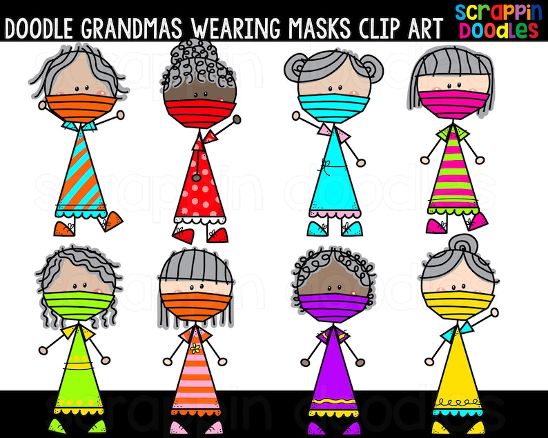 Doodle Grandmas Wearing Masks Clip Art - Cute Commercial Use Grandma ...
