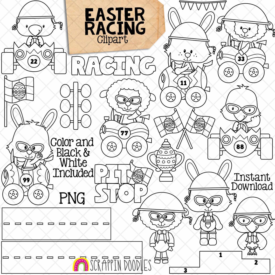 Easter Racing Clipart - Car Racing - Bunny in Race Car - Motor Sports ...
