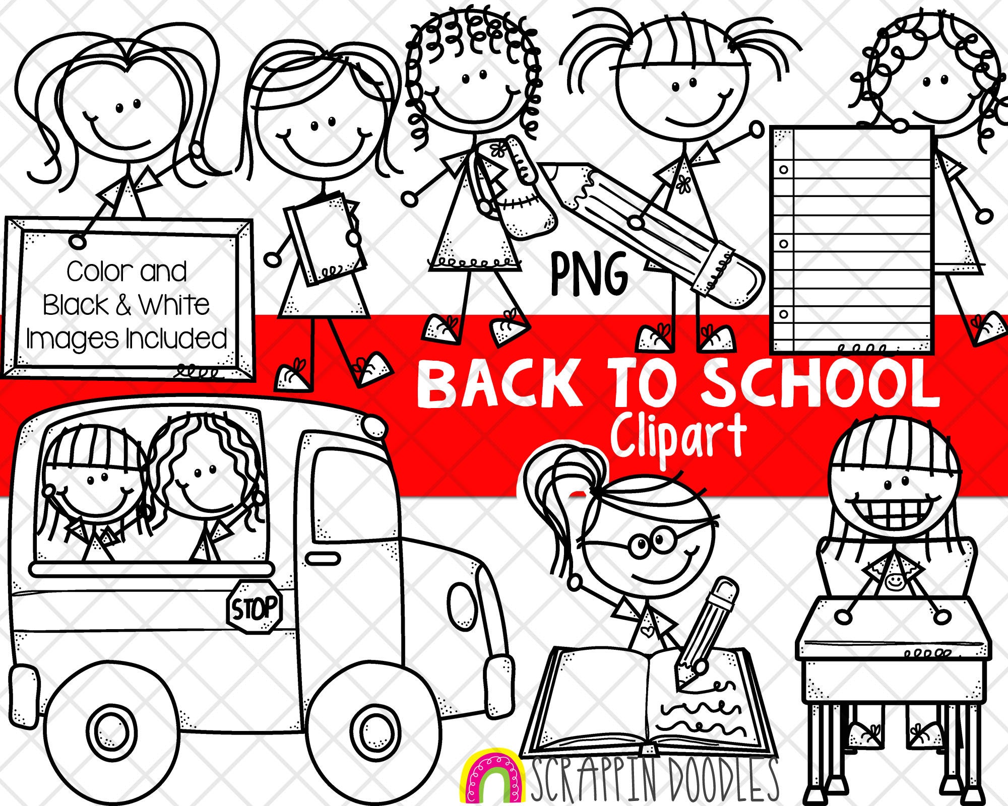 Back to School Clipart Doodle Girls School School Bus - Etsy Canada