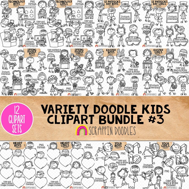 Doodle Kids Clipart Bundle 3 - Doodle Boy and Girl Bundle 3 - Día de ...