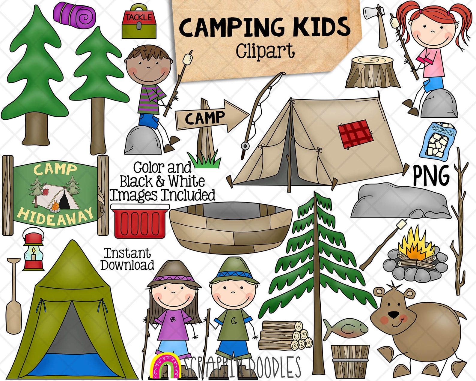 Camping Kids Clip Art Summer Camp Hiking Outdoors Commercial Use PNG - Etsy