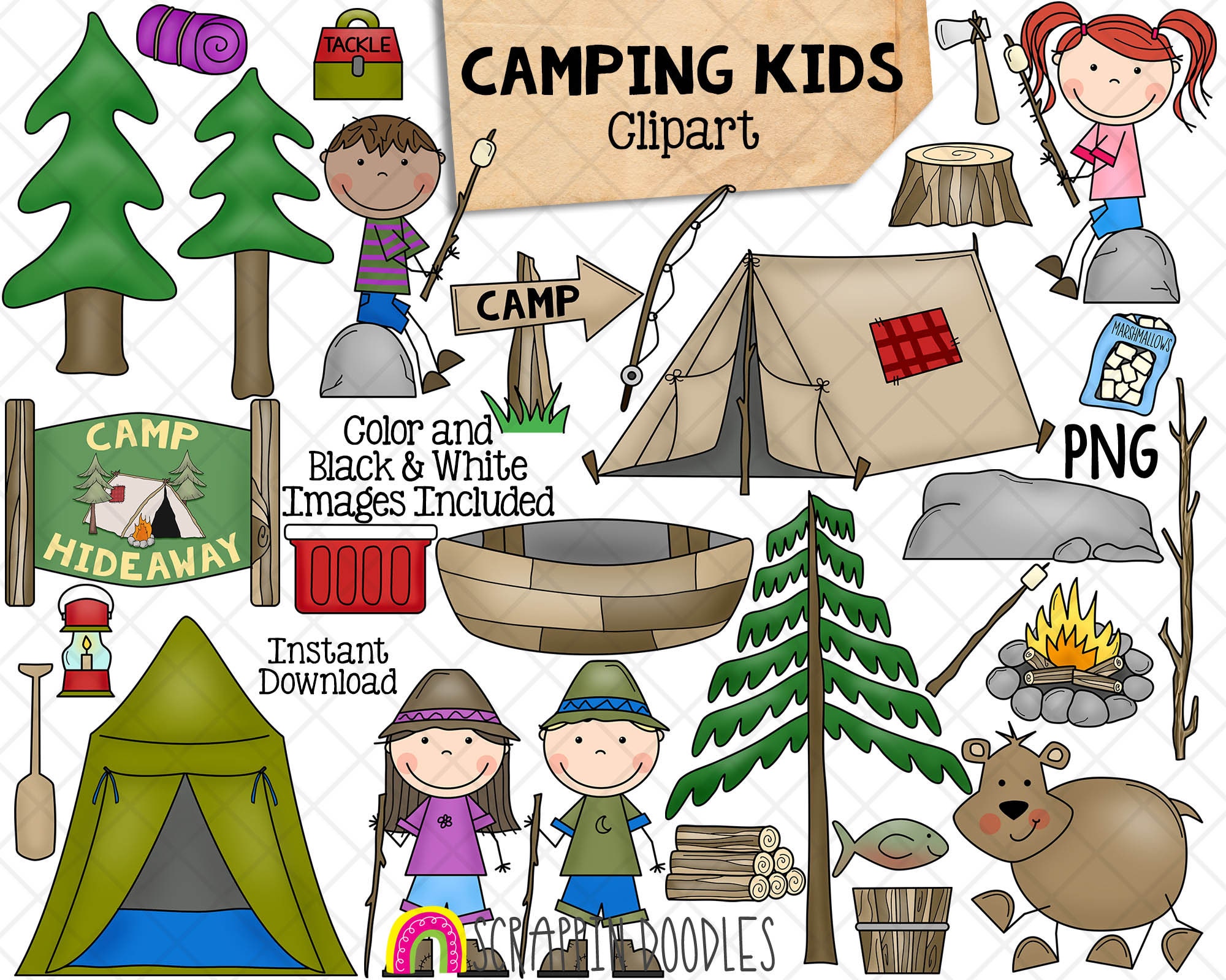 Camping Kids Clip Art Summer Camp Hiking Outdoors Commercial Use PNG - Etsy