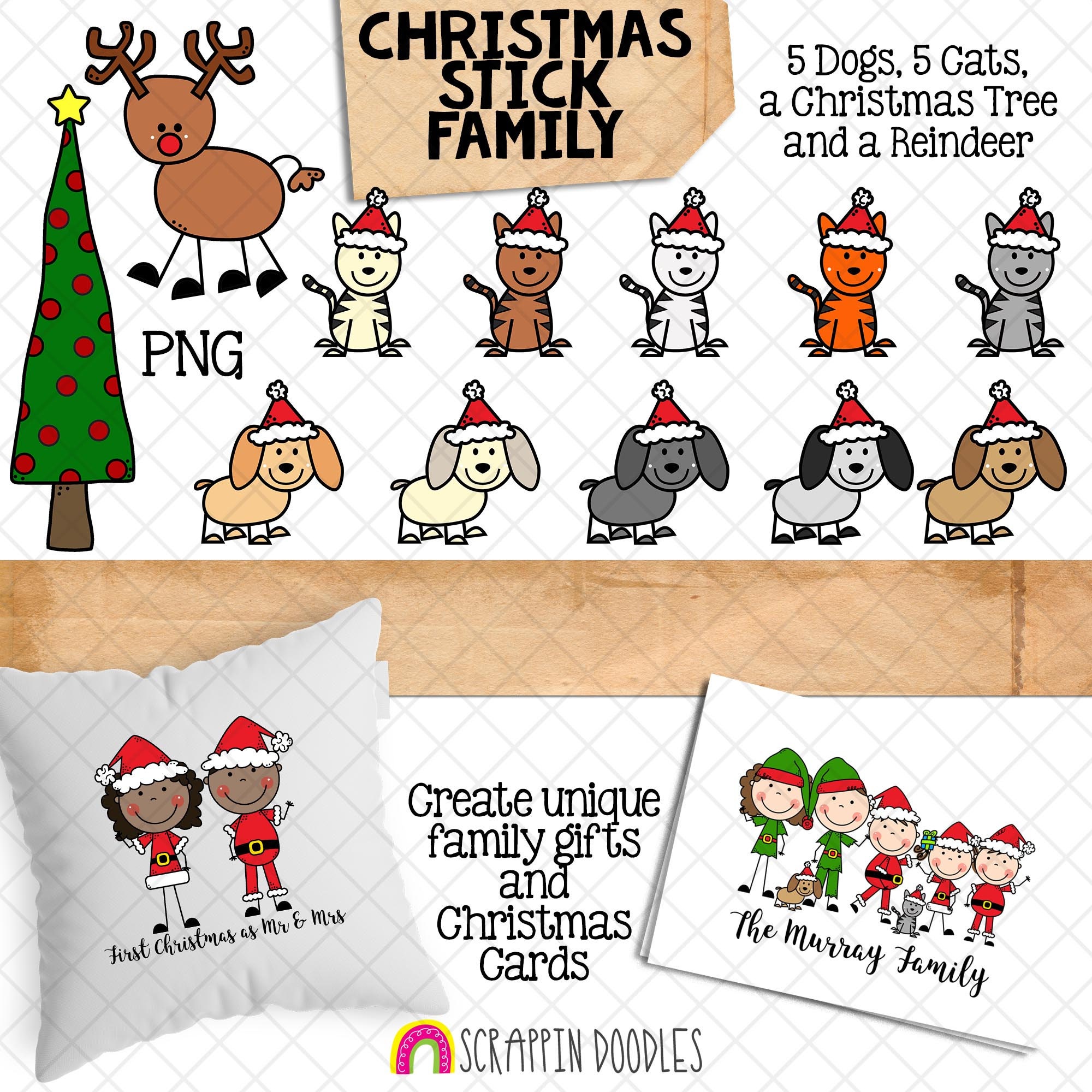 Christmas Stick Family Clip Art - Various Hair Colors - Stick Figures ...