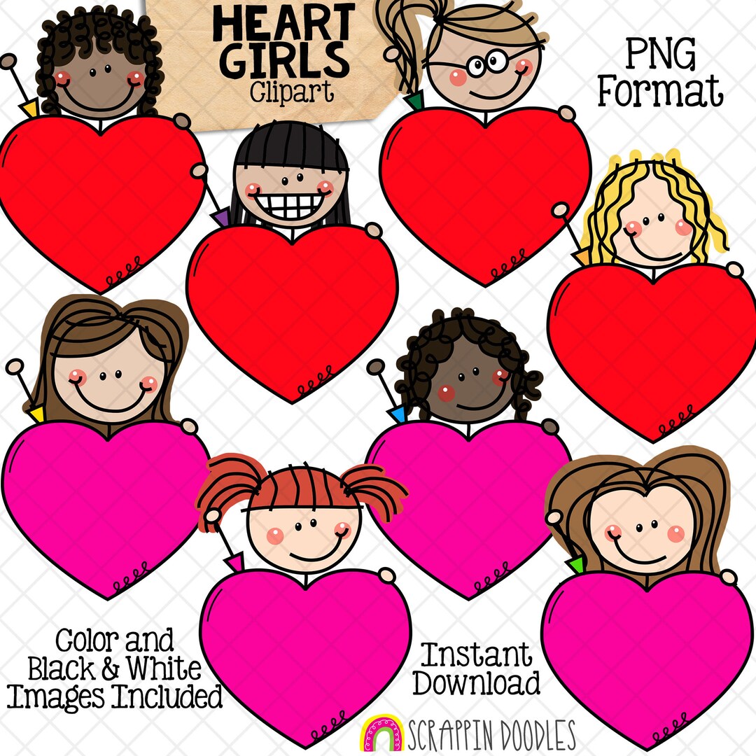 Girls Holding Hearts Clip Art - Valentines Day Doodle Kids Clipart ...