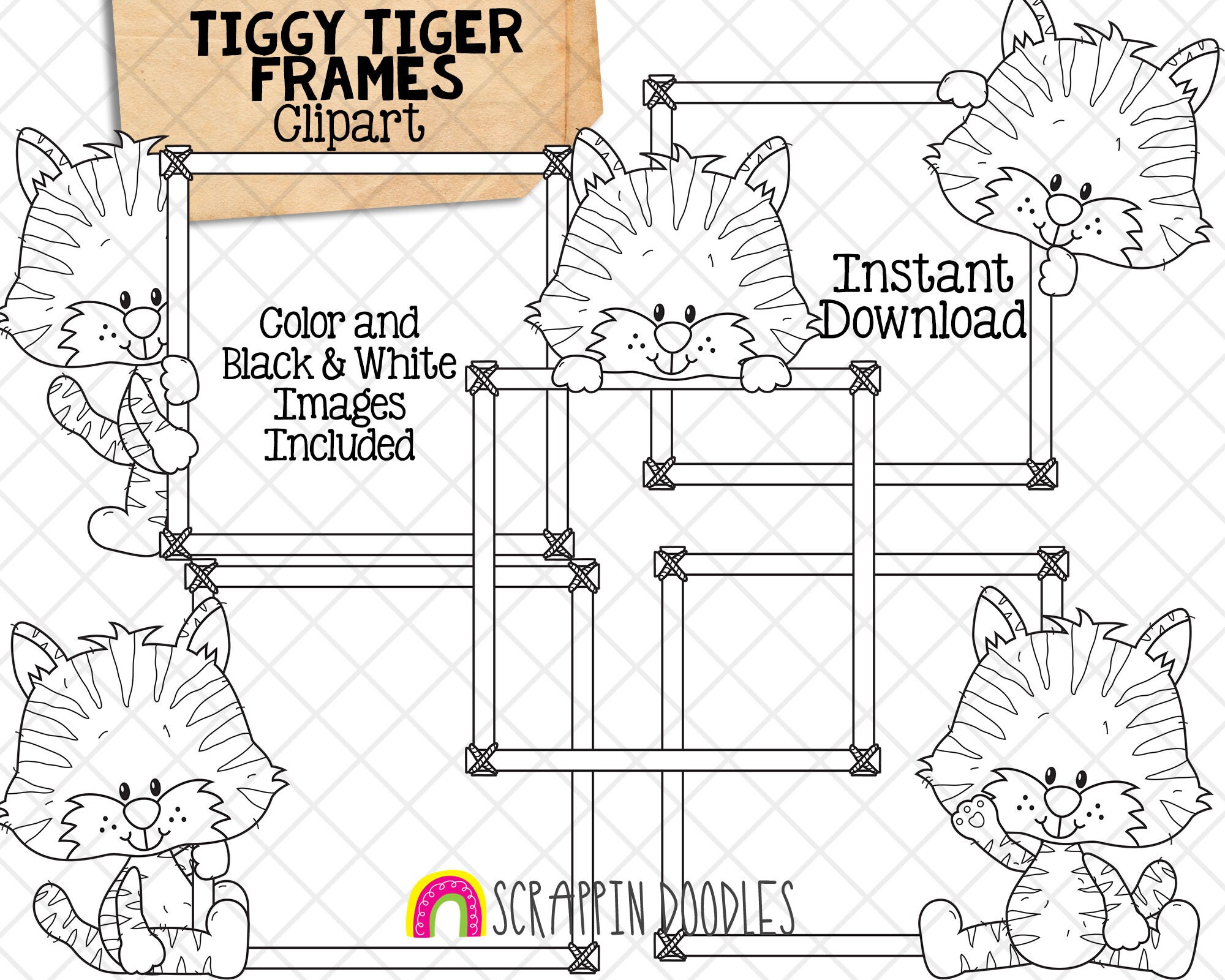 Tiger Clipart Bamboo Frames Baby Tiger Cub Jungle Cat Animals Posing ...