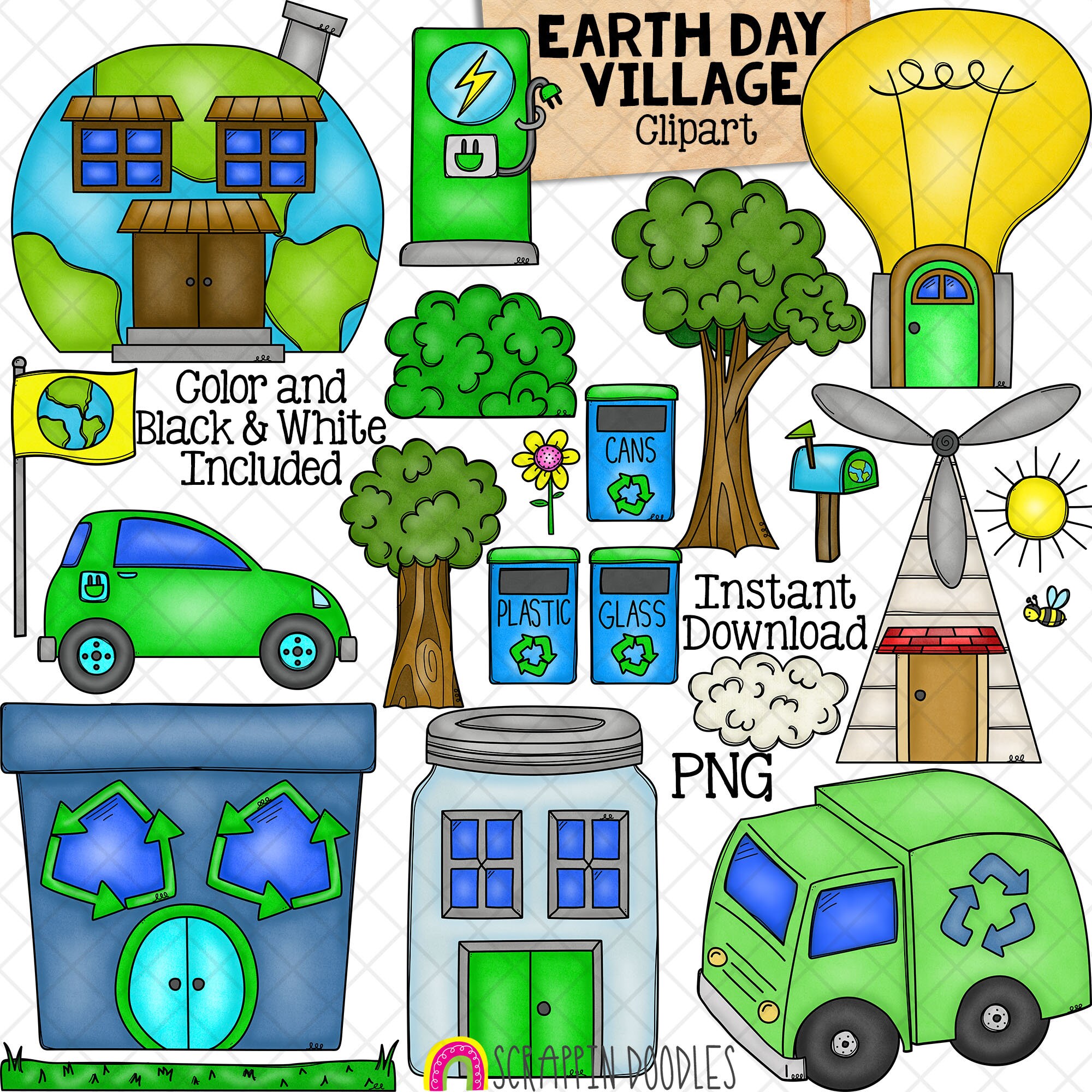 Earth Day Village Clipart Recycling Clip Art Environmental Electric Car ...