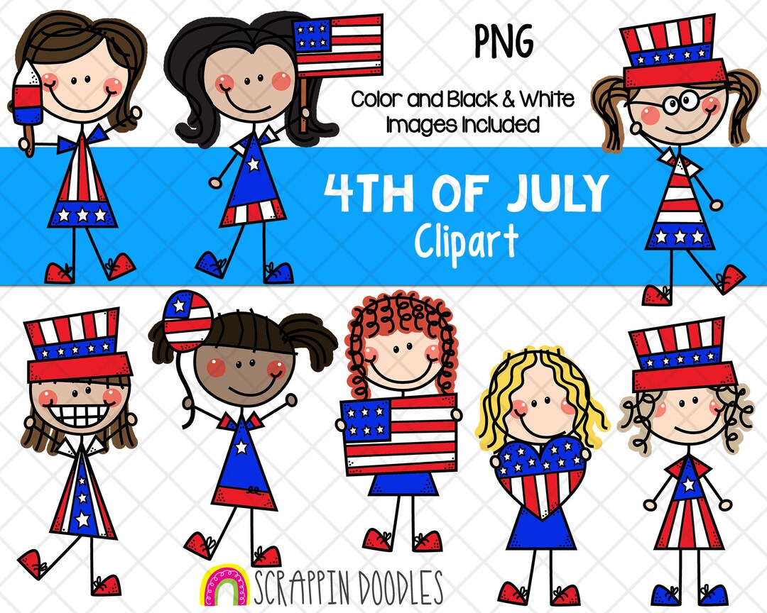4th of July Clipart Forth of July Doodle Girls USA Clipart Independence ...