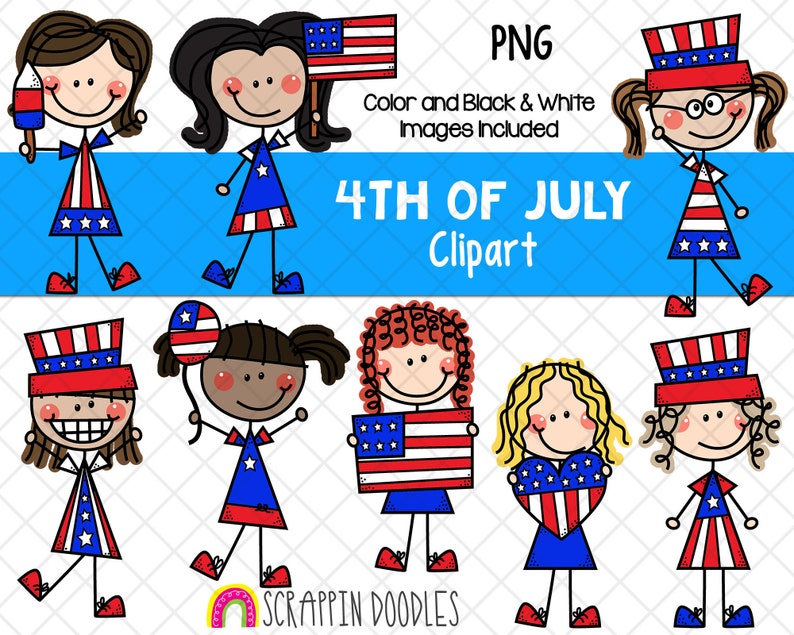 4th of July Clipart Forth of July Doodle Girls USA Clipart - Etsy