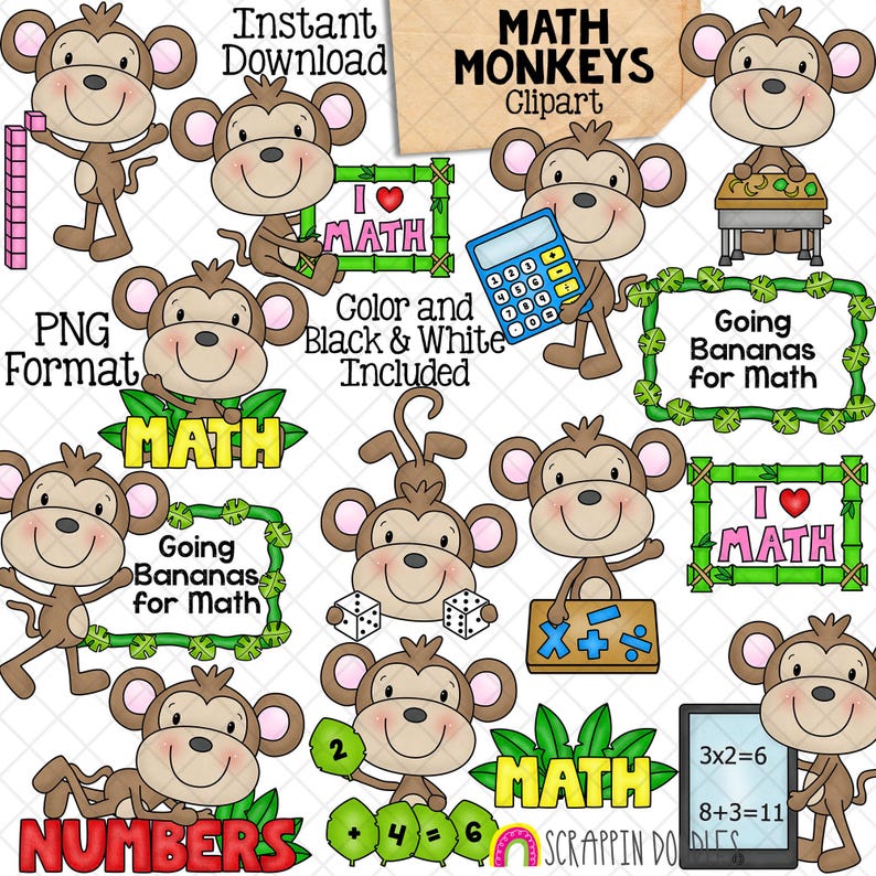 Monkey Clip Art - Monkeys Doing Math - Jungle Animals - School ...
