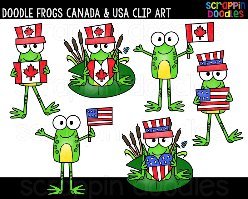 Doodle Frogs Canada & USA Clip Art - Cute Frog Graphics - Patriotic ...