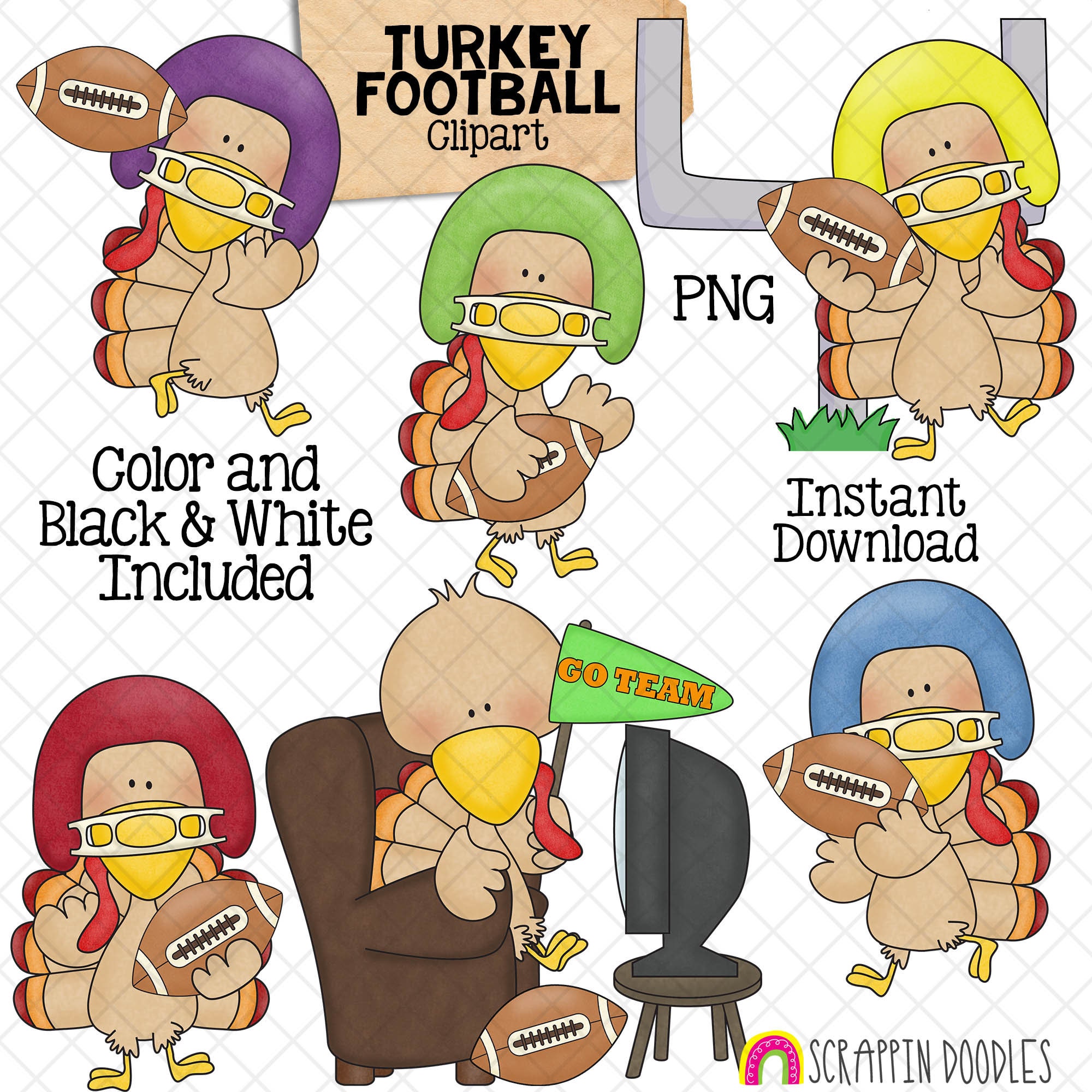 Turkey Clipart Turkeys Playing Football Clip Art Cute Turkeys Watching ...