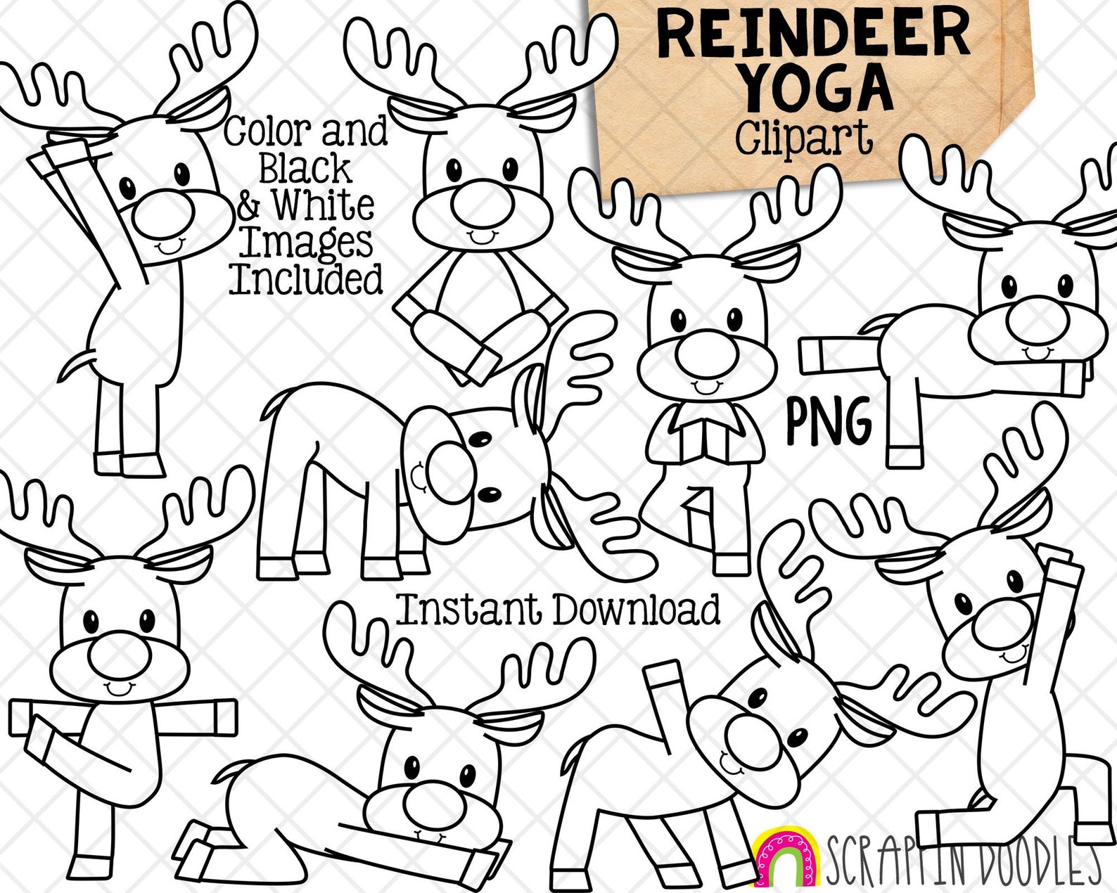 Reindeer Yoga Clip Art - Christmas Rudolph Stretching Clipart - Yoga ...